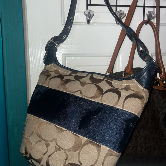 Coach | Bags | Coach Signature Tan And Navy Shoulder Bag | Poshmark
